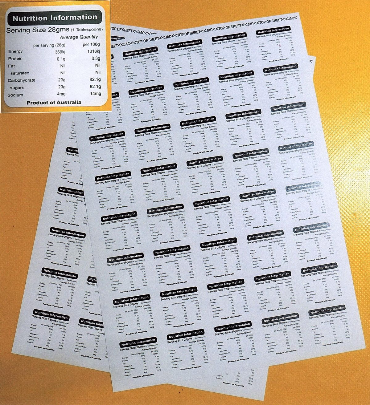 NUTRITIONAL LABELS - 10 SHEETS = 400 LABELS - Guilfoyle WA